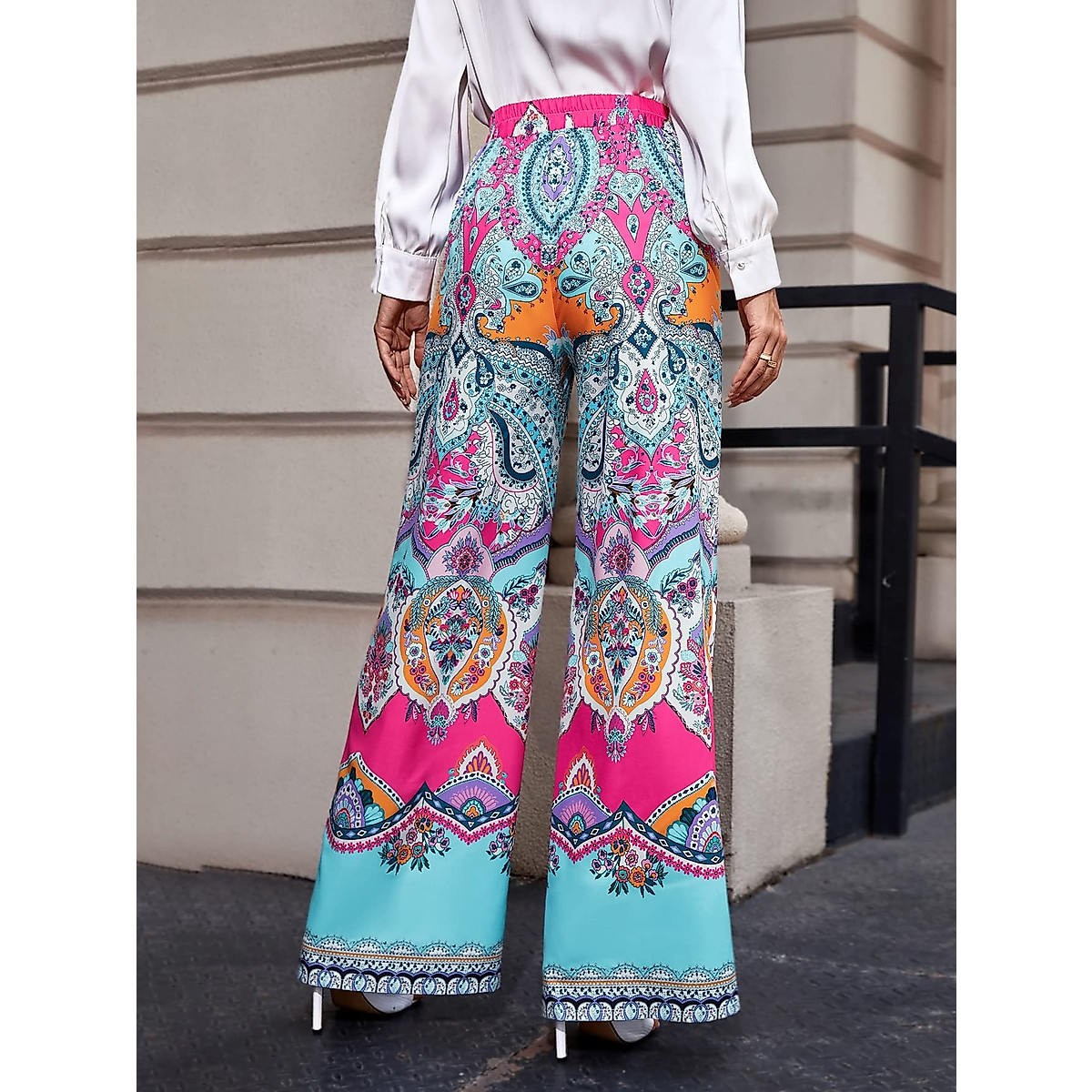 WDIRARA Women's Tropical Print High Elastic Waisted Wide Leg Loose Pants Trousers Multicolor Paisley M