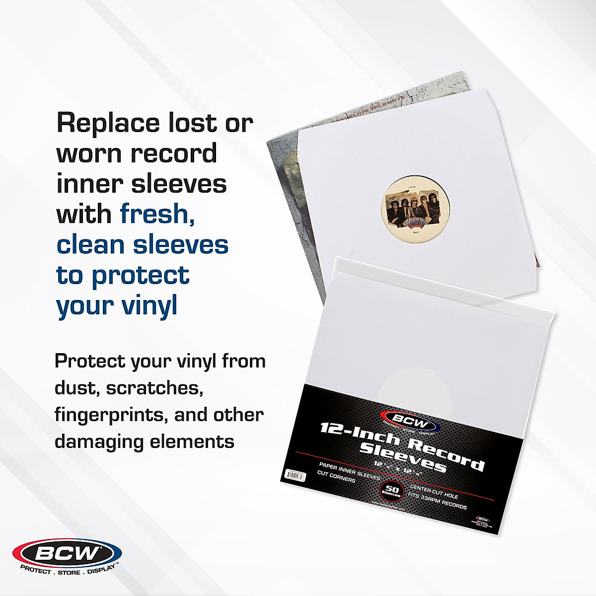 BCW 12 Inch Vinyl Record Paper Inner Sleeves - Angle Cut Corners - White | Pack of 50 | Protective LP Album Sleeves for Vinyl Storage and Preservation | Compatible with 33⅓ RPM Albums