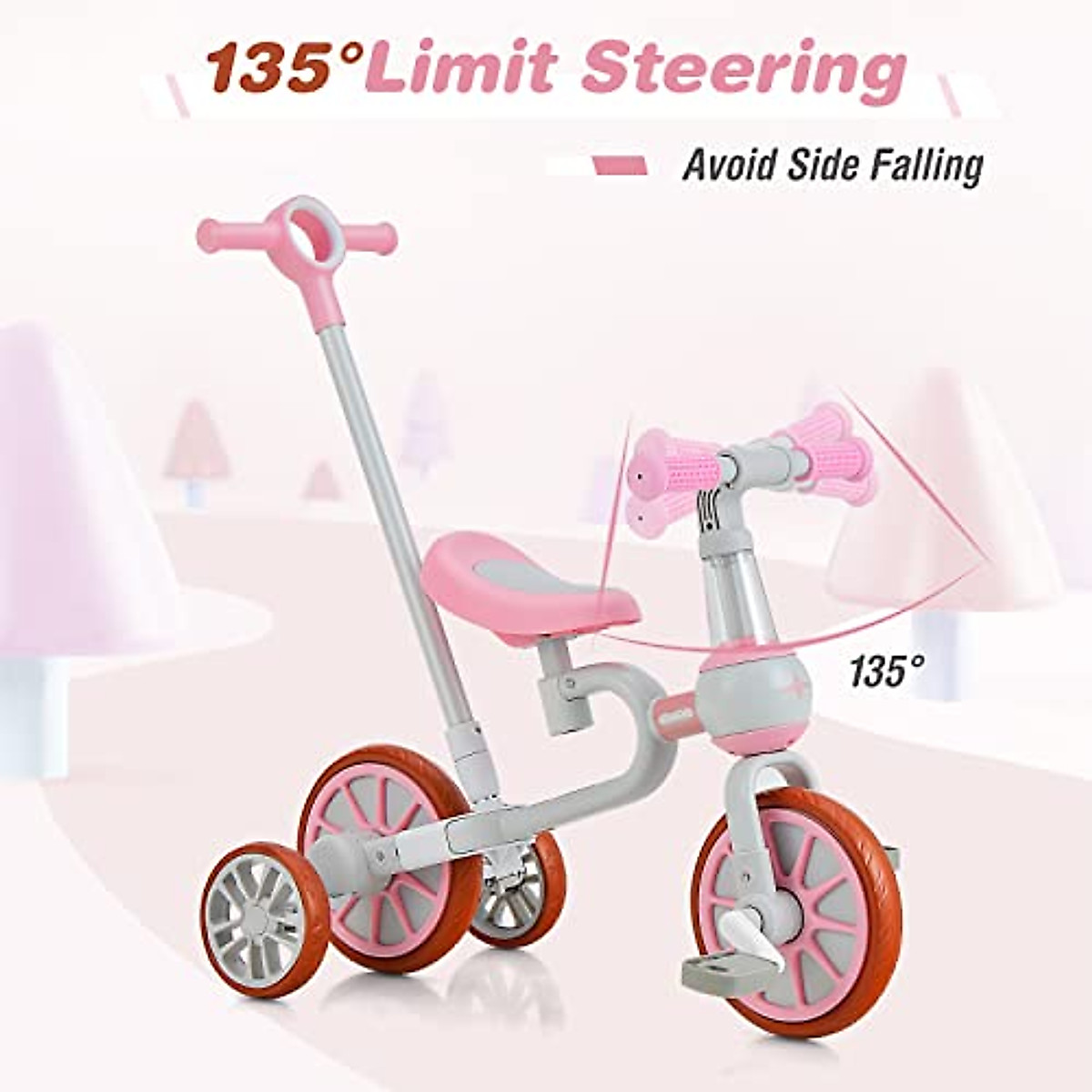 OLAKIDS Toddler Tricycle, 5 in 1 Kids Trike for Age 2-4 with Push Handle, Baby Bike with Adjustable Seat and Handle, Removable Pedal and Training Wheels for Boys Girls Toy Gift (Pink)