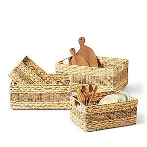 Artera Large Wicker Storage Basket - Set of 4 Woven Water Hyacinth Baskets with Handle, Large Rectangular Natural Nesting Storage Bins for Bedroom, Bathroom, Laundry Room or Kitchen (Style 1)