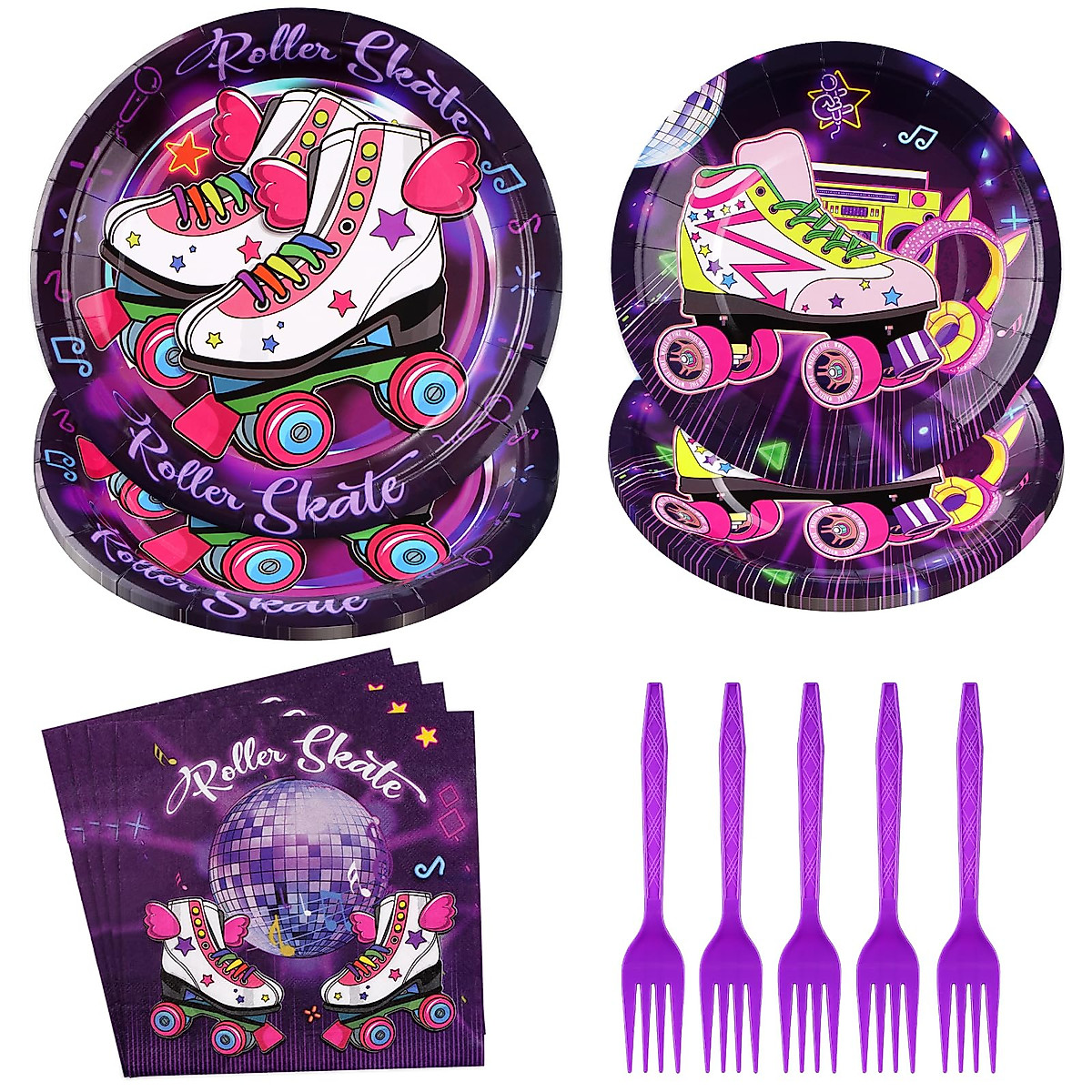 96Pcs Roller Skating Party Supplies Retro Roller Skate Plates Napkins Forks, Roller Skate Party Decorations for Girls Teens Birthday, Roller Skate Theme Party, Serve 24