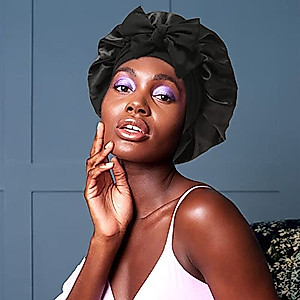 Satin Bonnet for Women Hair Bonnet for Sleeping Large Double Layer Silk Sleep Cap with Wide Elastic Band Hair Cap for Sleeping with 45PCS Waterproof Disposable Shower Caps (Black)