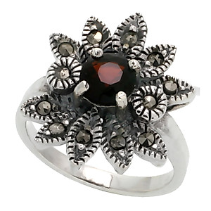 Sterling Silver Marcasite Fancy Flower Ring, w/Brilliant Cut Natural Garnet, 3/4 inch (19 mm) wide, size 8.5