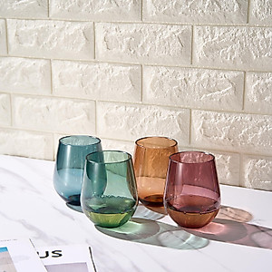 Tritan BPA-Free Plastic Shatterproof Stemless Wine Glasses, - 4 Set - Acrylic Glass Drinkware, Unbreakable Colored, Reusable, Dishwasher Safe, All Purpose Glassware 15oz - Tumblers, Indoor and Outdoor