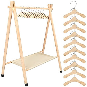 Queekay Kids Clothes Rack with 10 Wooden Clothes Hanger Dress Up Rack Dress Up Storage Child Garment Rack Clothes Organizer for Doll Kids Toddler Pet (Medium)
