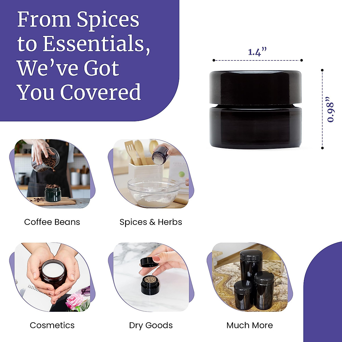 Infinity Jars Classic Black Glass Jar 5 ml (.17 fl oz) Ultraviolet Airtight Smell Proof, Refillable Container, Screw top Jar for Long term storage Coffee, Spices, Tea, Dried Goods Jar for Kitchen