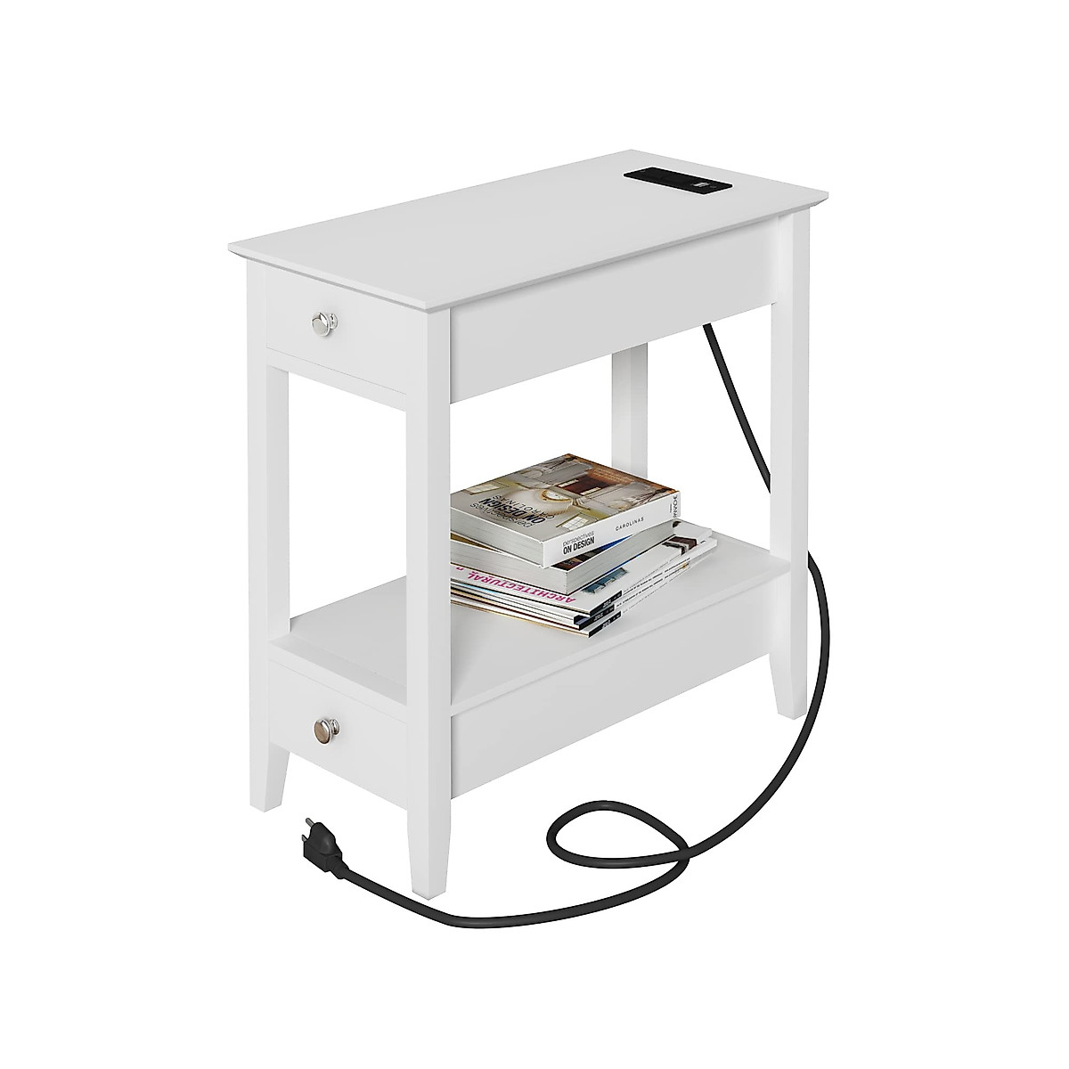 Treocho Side Table with Charging Station, Narrow End Table with Storage, 2-Drawer Nightstand with USB Ports & Power Outlet, White Sofa Bedside Table for Small Spaces, Living Room, Bedroom