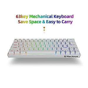 Ractous RTK63P 60% Mechanical Gaming Keyboard RGB Backlit PBT keycaps 63key Ultra-Compact Wired Keyboard Programmable for PC/Mac Gamers,Hot-Swappable Optical Blue Switch (White)