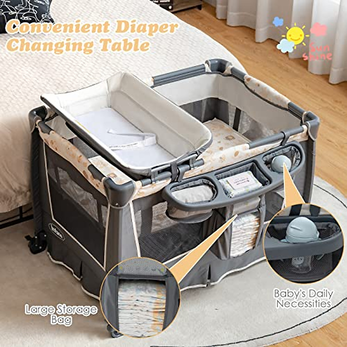 INFANS 4 in 1 Pack and Play, Portable Nursery Center for Baby Kid Infant, Comfortable Playard with Bassinet, Mattress, Diaper Changer, Cradle, Travel Bag, Toys, Music Box, Storage Basket(Monkey)