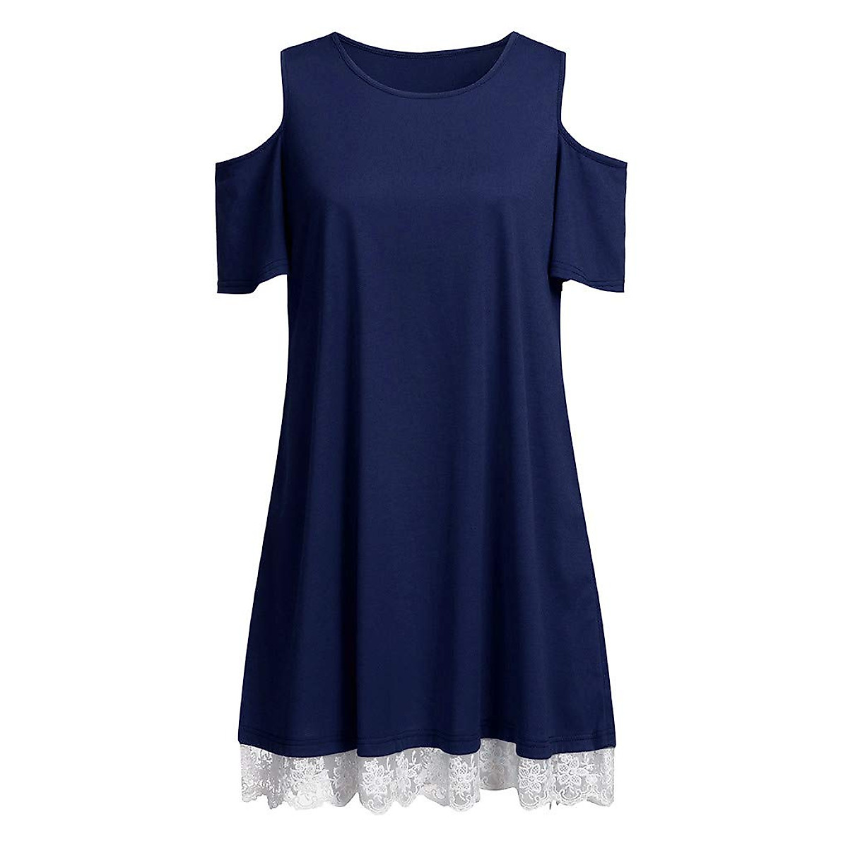 F_Gotal Women's Short Sleeve Pockets Loose Crew Neck T-Shirt Swing Lace Dress Mini Fashion Beach Sundress Party Cocktail Z-Blue