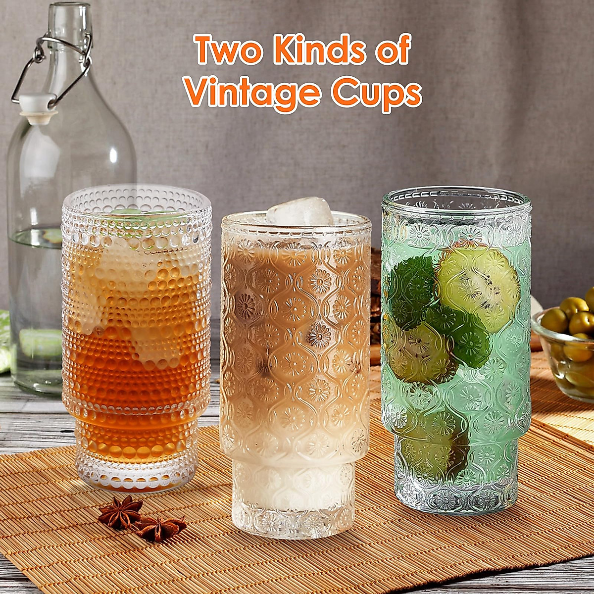 WISIMMALL Vintage Drinking Glasses Set of 4 with Straw 12OZ Aesthetic Highball Glasses Stackable Drinking Glasses Iced Coffee Cups for Cocktail, Whiskey, Beer, Juice, Water
