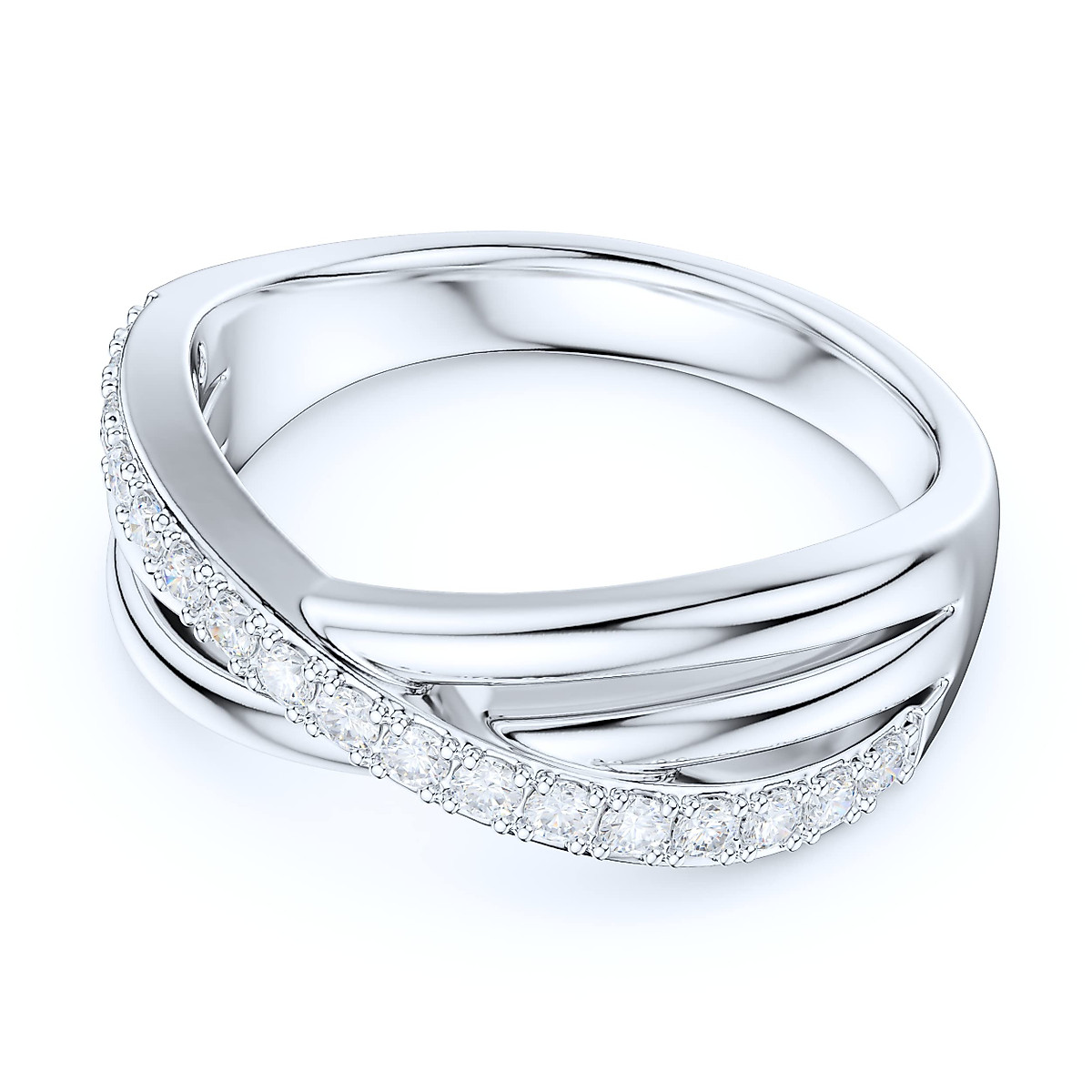 PRSTANI Sterling Silver X Shape One Row Simulated Round Brilliant Cut Diamonds Cross Two Split Shanks Wedding Ring (9)