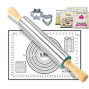Rolling Pin Nonstick and Silicone Baking Pastry Mat Combo Kit Dough Rollers for Baking Pasta,Cookie Dough,Pastry,Bakery,Pizza