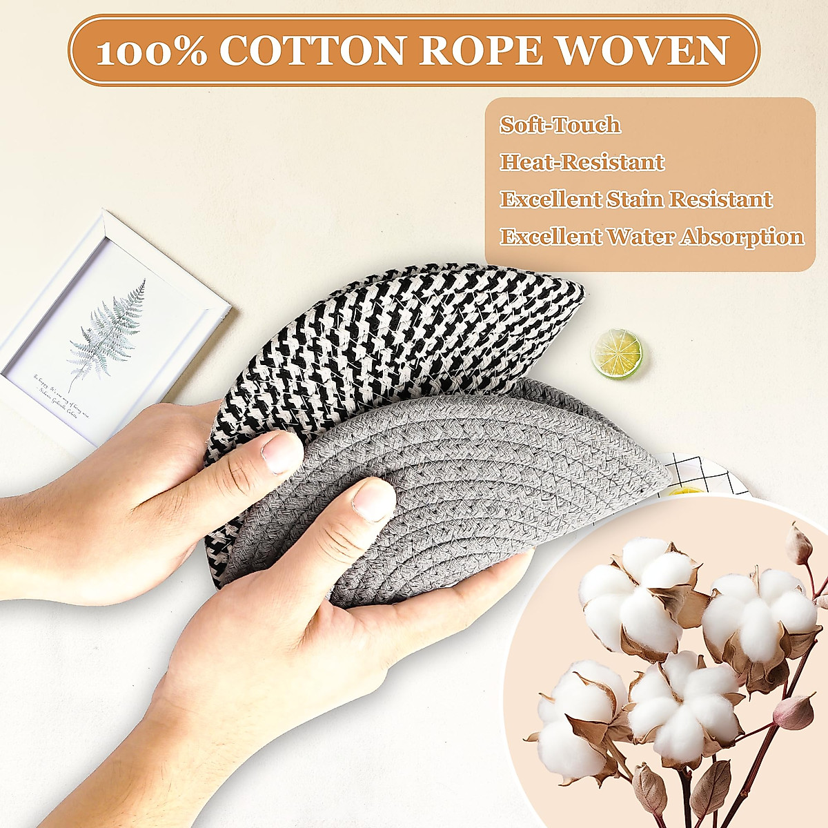 Nagobi 6 Coasters for Drinks, Trivets for Hot Dishes, Heat Resistant Hot Pads, Thick Cotton Pot Holders, Home Essentials, Kitchen Decor for Table & Countertops(Gray)