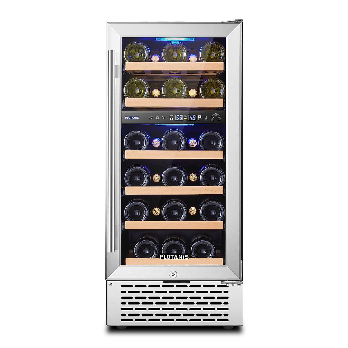 Plotanis 15 Inch Wine Fridge Dual Zone 28 Bottles Under Counter Wine Cooler Refrigerator Built-in or Freestanding with Glass Door Safety Lock
