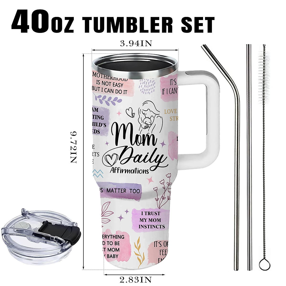 Mom Daily Affirmations Tumbler 40 OZ, New Mom Gift After Birth, First Time Moms to Be, Postpartum Cup for Birthday, Mother's Day, Christmas