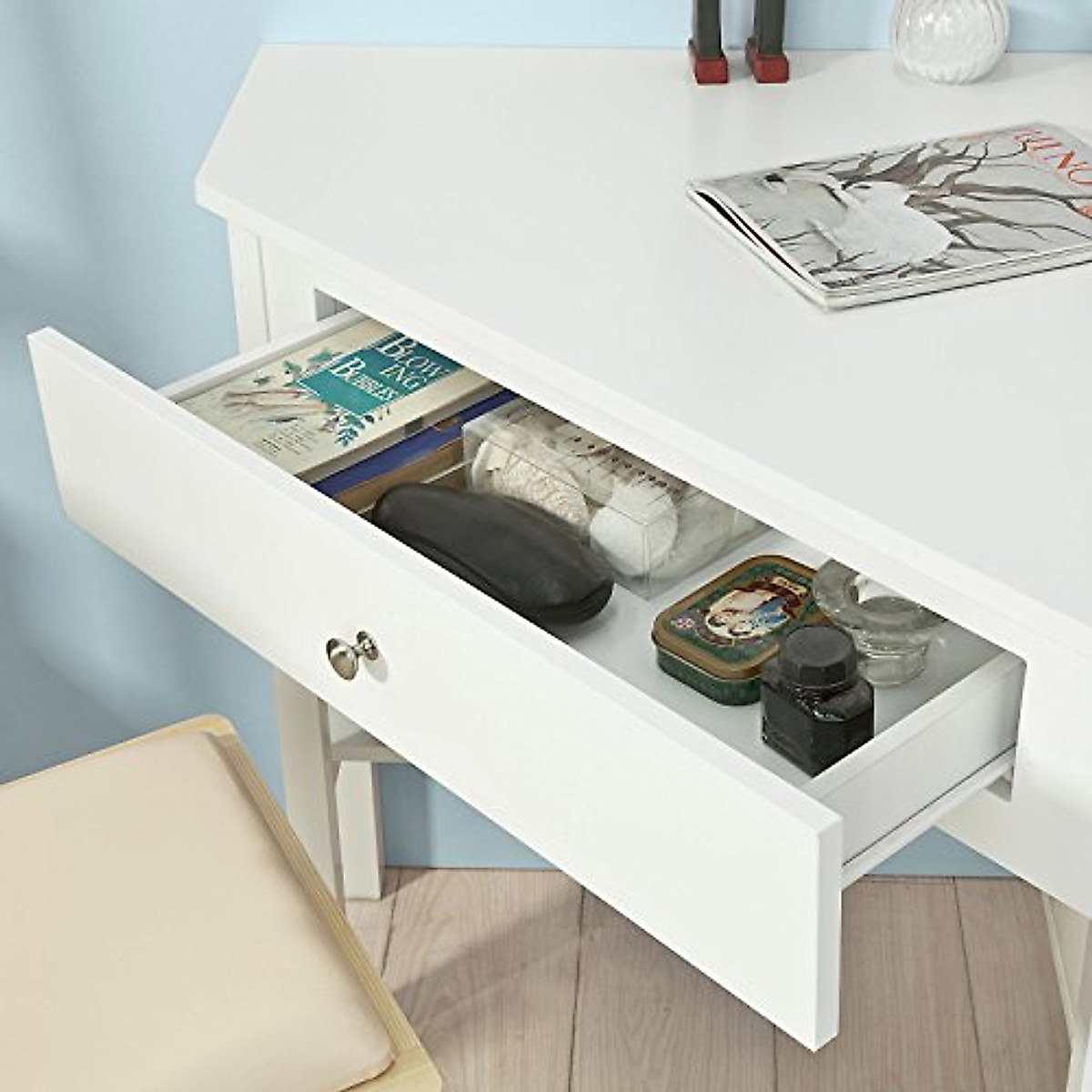 Haotian FWT31-W, White Corner Desk, Triangle Computer Desk with Drawer and Shelf, Home Office Desk, Computer Workstation