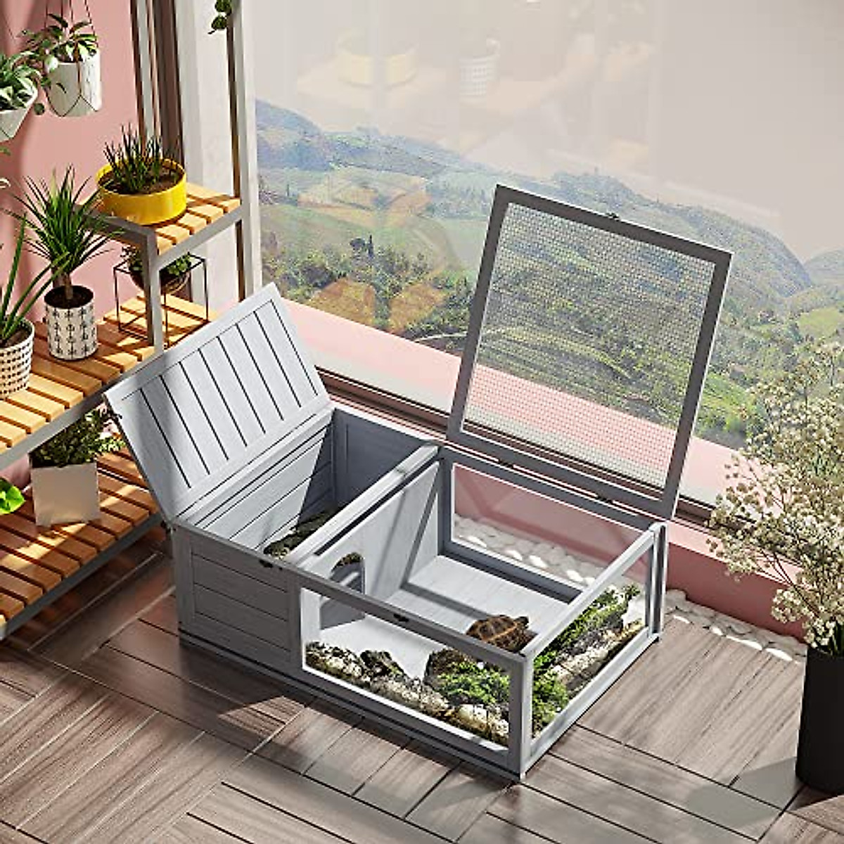 PawHut Wooden Tortoise House Indoor Turtle Habitat Enclosure Outdoor Reptile Cage for Lizards, Geckos, Gray