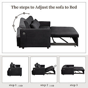 ZKJOLMN 3 in 1 Convertible Pull Out Couch Bed, Velvet Sleeper Sofa Couch with Pull Out Bed, Loveseat Sleeper with Adjustable Backrest, Pull Out Sofa Bed Sleeper for Living Room (Black)