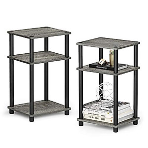 Furinno Just 3-Tier Turn-N-Tube End Table / Side Table / Night Stand / Bedside Table with Plastic Poles, 2-Pack, French Oak Grey/Black