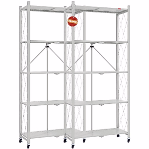 DEANIC 5 Tier Storage Shelves with Wheels, Kitchen Rolling Cart, Metal Garage Shelving No Assembly, Heavy Duty Utility Cart for Garage, Kitchen, Basement, Pantry (Grey,Pack of 2)