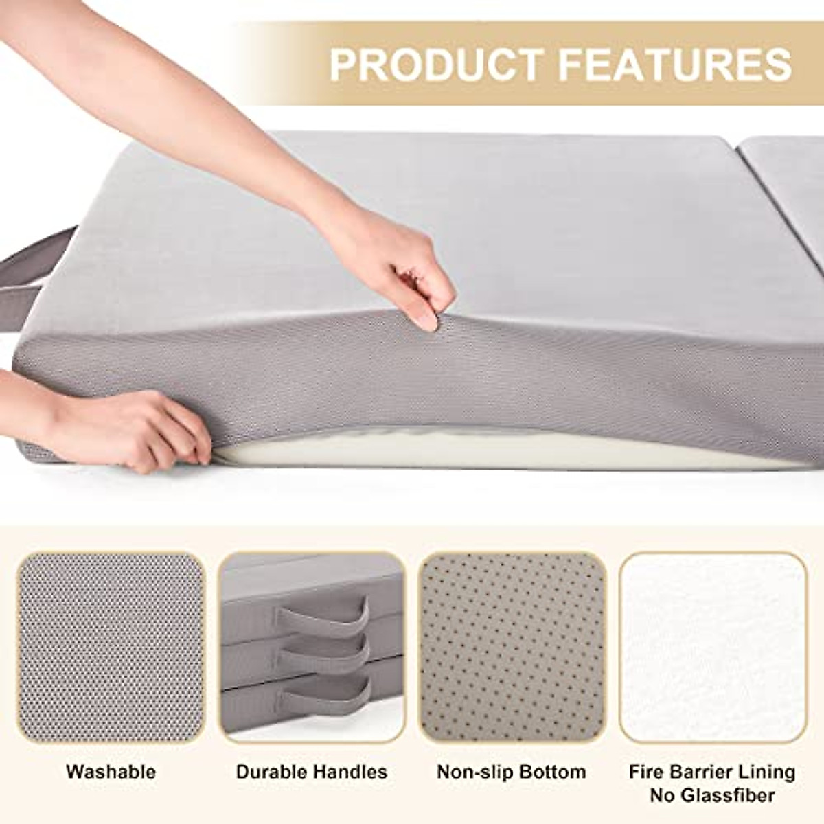 Lazyzizi Sleep 4 Inch Foldable Mattress, Portable Floor Mattress Couch with Headrest, Washable Cover, Foldable Foam Couch Twin for Guest Bed, Folding Sofa Bed, Camping, Road Trip， Dark Grey