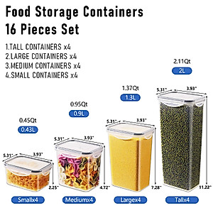 Airtight Food Storage Containers Set-Kitchen and Pantry Organization 16 Pack, BPA-Free Plastic Containers with Lids for Dry Food, Cereal, Flour & Sugar, Include Labels, Marker & Spoon Set