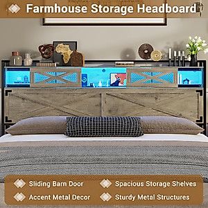 Hasuit Farmhouse Bed Frame King Size with LED Lights and Charging Station, Rustic Platform King Bed with Storage Headboard with Sliding Barn Door, No Box Spring Needed, Rustic Oak