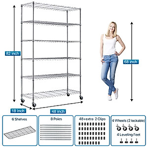 6 Tier Wire Shelving Unit Metal Storage Shelves w/Wheels, 350 Capacity Per Shelf, Heavy Duty Steel Garage Shelf, 48" L X 18" W X 82" H Pantry Kitchen Closet Racks