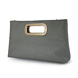 Women Glossy Patent Leather Clutch Cut Out Metal Handle Chain Shoulder Handbag (Grey)