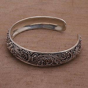 NOVICA Artisan Handmade Sterling Silver Cuff Bracelet Swirl Motif from Bali No Stone Indonesia [6 in L (end to End) x 0.4 in W] ' Shrine Swirls'