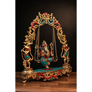 SHIVAJI ARTS Brass Ganesha Statue on Swing, 20 Inch Big Large Ganesh Idol on Jhoola in Brass, Swinging Ganesh Idol, Jhula Ganesh Murti, Showpiece