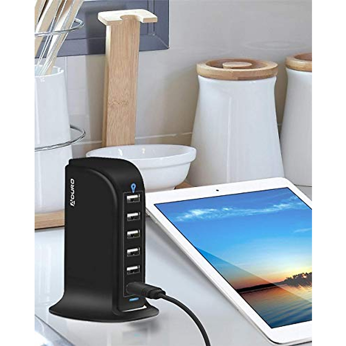 Aduro 40W 6-Port USB Desktop Charging Station Hub Wall Charger for iPhone iPad Tablets Smartphones with Smart Flow (Black)