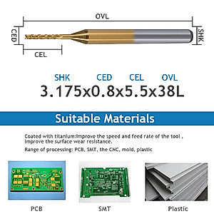 HOZLY 10Pcs 1/8'' Shank 0.8mm Titanium Coat Carbide End Mill Engraving Bits CNC Rotary Burrs Tool for PCB Mould Plastic Fiber Carbon Fiber Hardwood