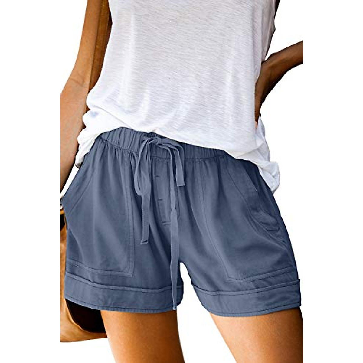 KISSMODA Womens Casual Linen Short Pants Drawstring Elastic Waist Summer Shorts with Pockets M