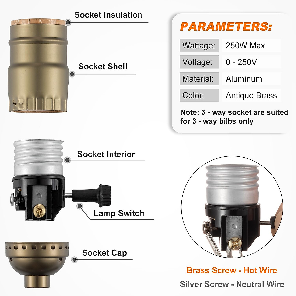 3 Way Lamp Socket Replacement, E26 Threaded Base, Turn Knob for Low-Medium-High Light Settings, Lamp Parts for Table and Floor Lamps Repair, Light Socket with Lamp Switch Kit (Antique Brass)