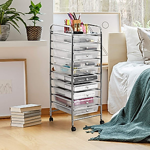 ORALNER 10-Drawer Rolling Storage Cart, 10 Tiers Utility Cart w/Wheels, Metal Frame Home Office School Organizer Cart, Mobile Space Saving File Storage Organizer Cart w/Lockable Casters (Clear)