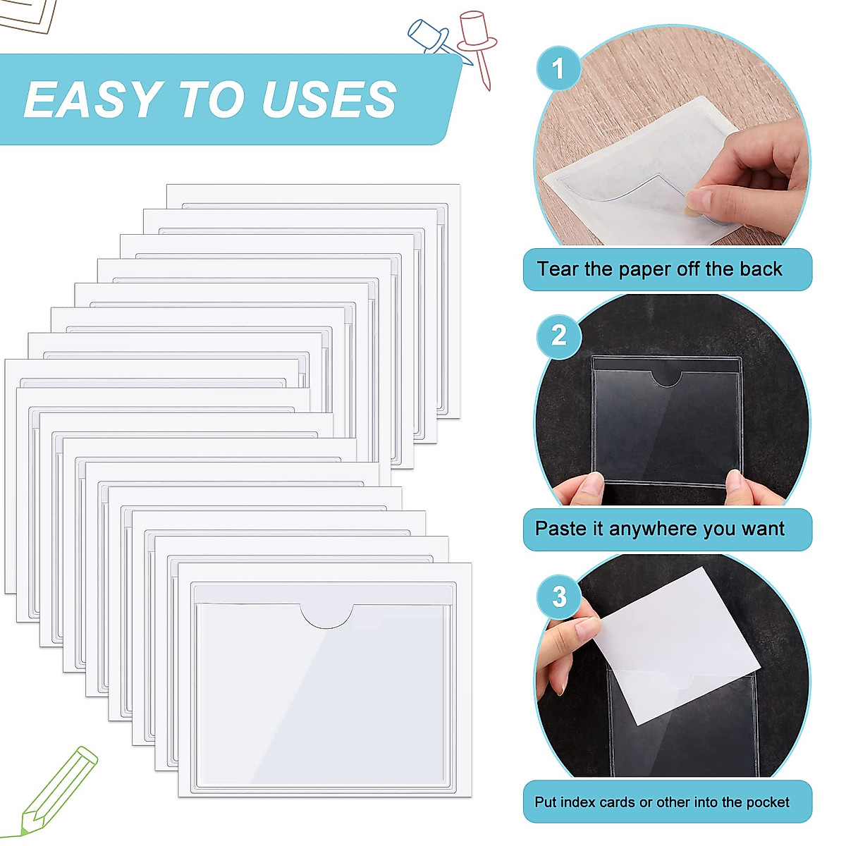 Chinco 30 Pack Self Adhesive Index Card Pockets with Top Open for Loading Ideal Card Holder for Organizing and Protecting Your Index Cards Crystal Clear Plastic(3.9 x 3.1 Inches)