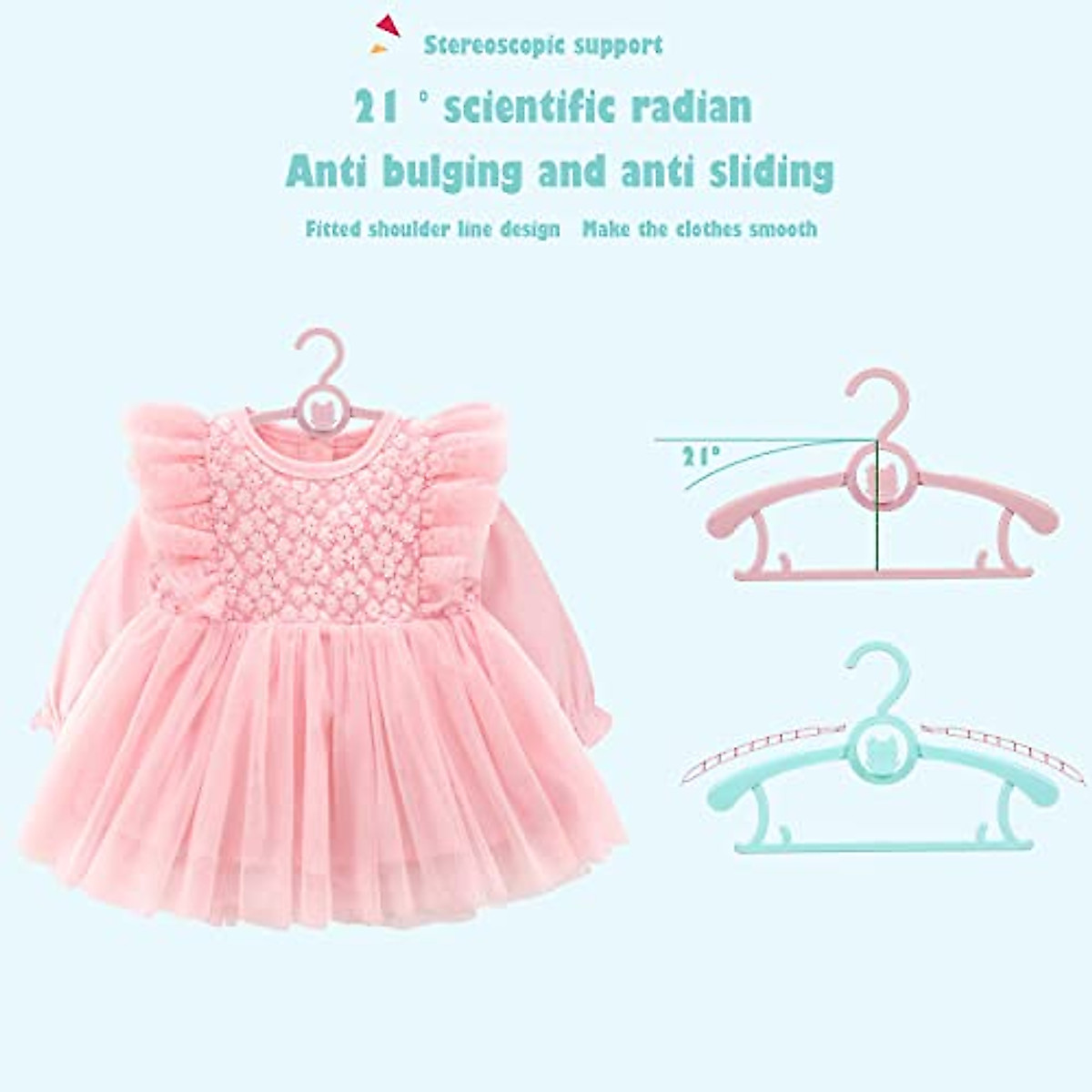 Baby Nursery Closet Hangers, 20pcs Slip Laundry Infant Pant Hangers for Newborn Clothes Kids Baby Hangers - 11"- 14" Adjustable Children Coat Hanger for Girl Boy Plastic Infant Hangers Cherry Powder