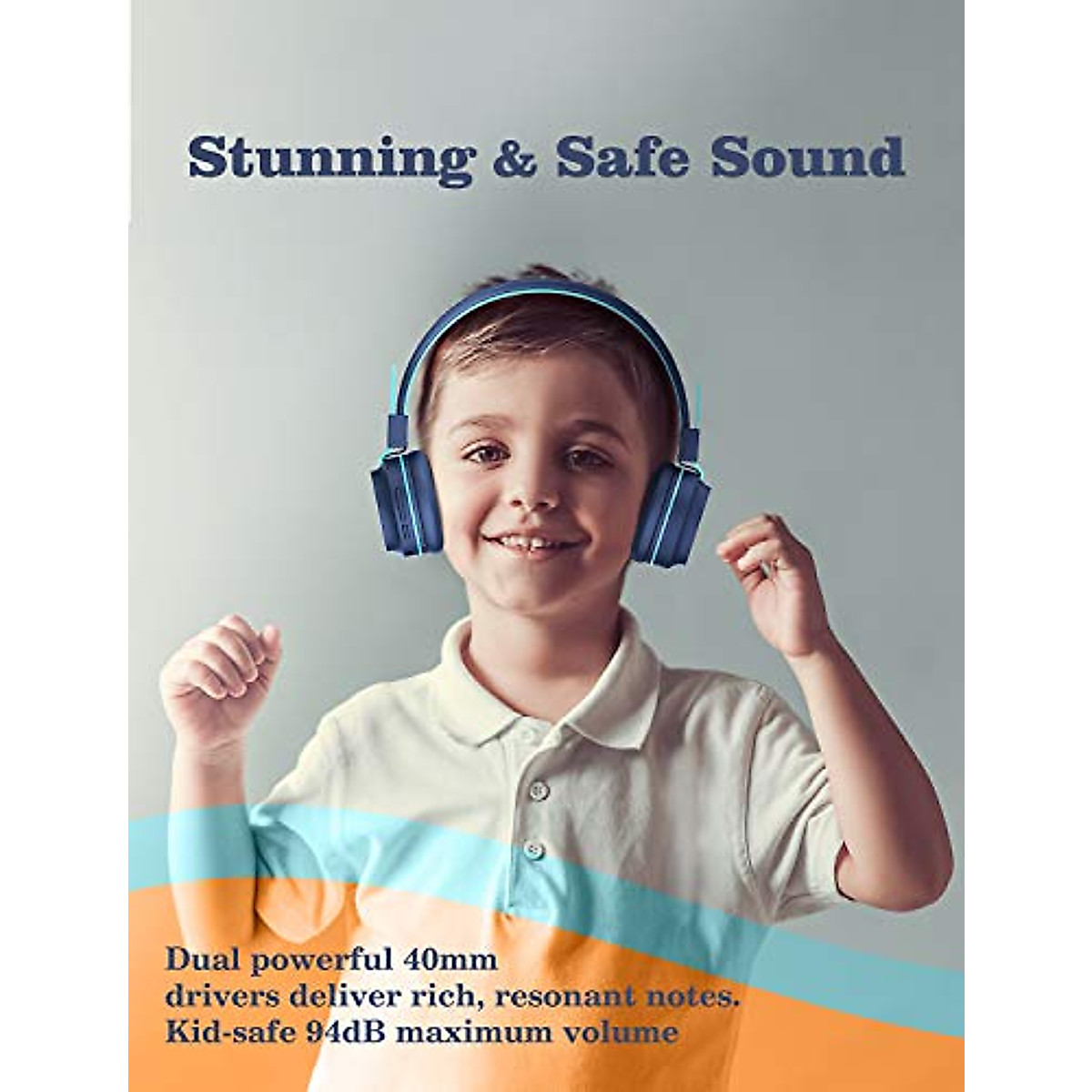 iClever BTH03 Kids Bluetooth Headphones Safe Volume, Colorful LED Lights, 25H Playtime, Stereo Sound Mic, Bluetooth 5.0, Foldable, On Ear Kids Wireless Headphones for Tablet Airplane, Blue