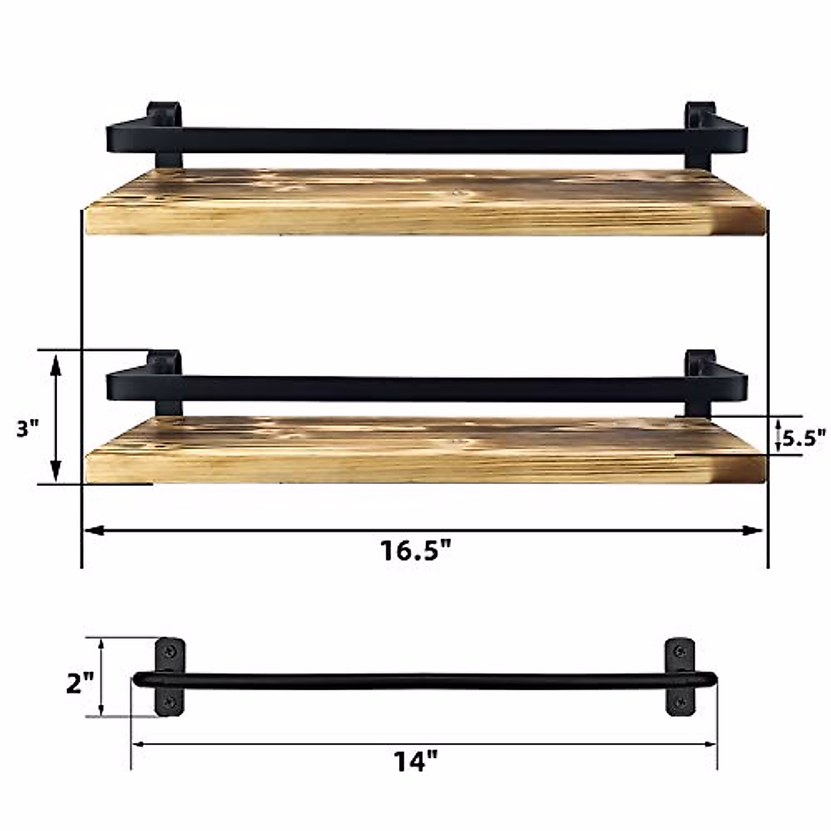 MY RUSTIC Floating Shelves for Wall Mounted with Rails Decorative Storage Shelves for Kitchen, Bathroom, Matte Black Metal Frame - Set of 2