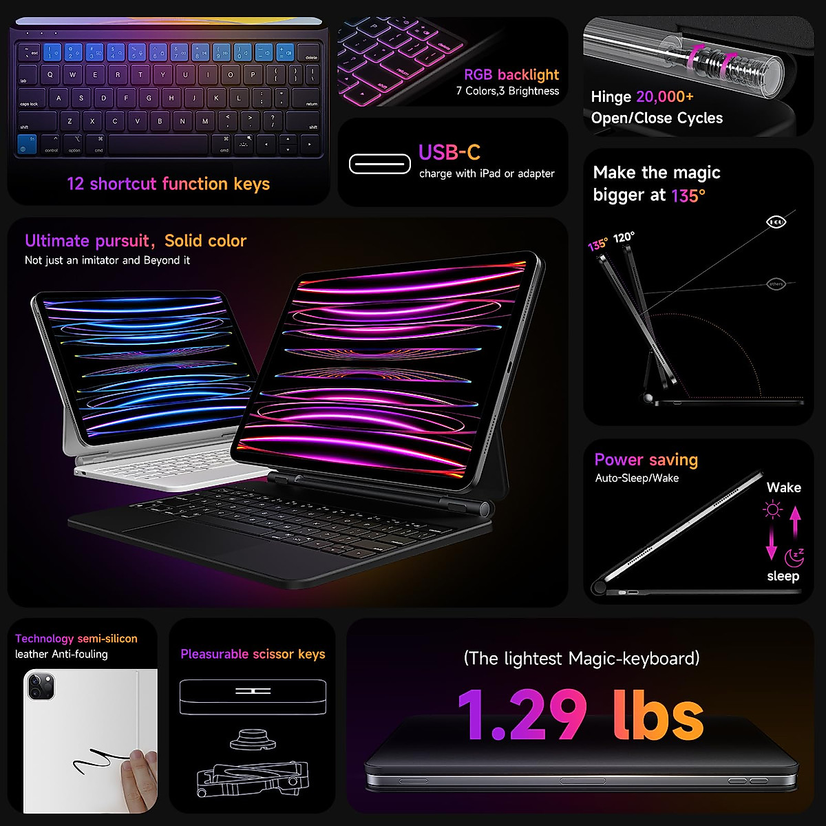 HOU Keyboard Case for iPad Air 11 inch 2024 (M2)&iPad Pro 11 Inch (4th/3rd/2nd/1st) Gen 2022,iPad Air 5th&4th Generation Case with Keyboard,Magic-Stand, Multi-Touch Trackpad,7 Colors Backlight,Black