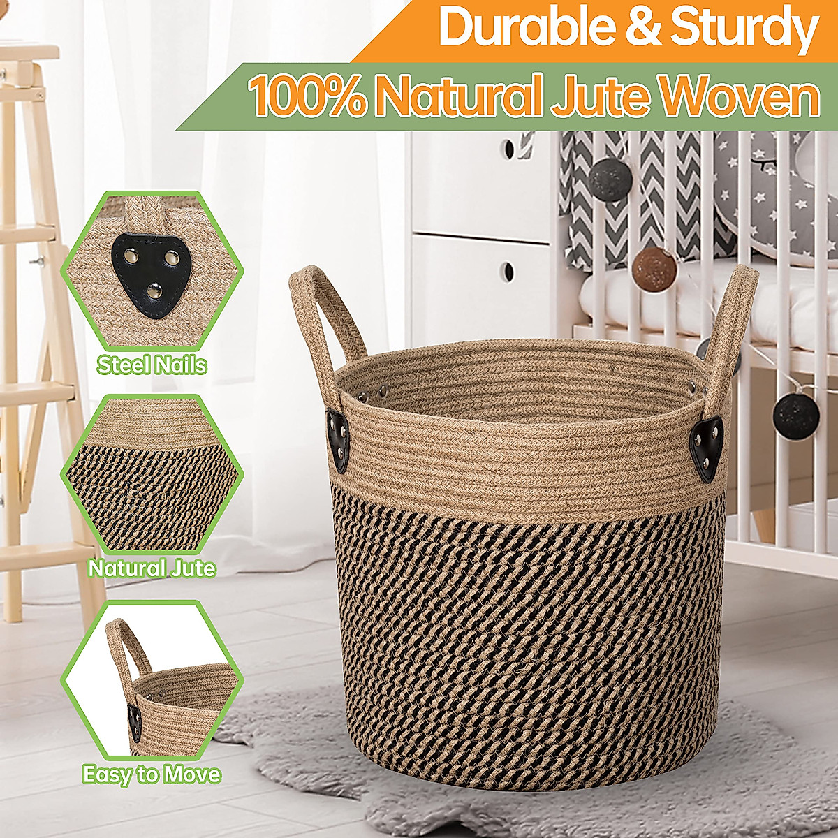 ZOES HOMEWARE 14"x12" Natural Jute Rope Woven Storage Basket with Handles for Plant, Blankets,Toys,Clothes,Shoes - Living Room Home Decor,Multifunctional Basket for Organizer,Picnic,Artificial Tree