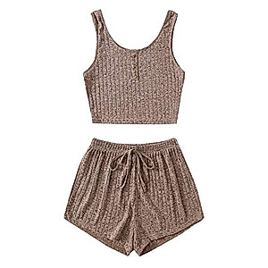 SOLY HUX Women's Button Front Ribbed Knit Tank Top and Shorts Pajama Set Sleepwear Lounge Sets Mocha Brown M