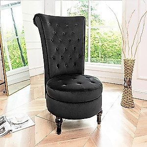Container Furniture Direct Royal High-Back Velvet Accent Chair for Vanity with Storage and Luxurious Upholstery, Retro Design and Versatile Usage for Living Room, Bedroom, Lounge and Office, Black