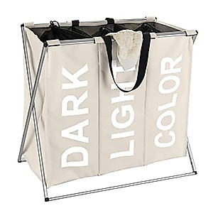 WENKO Trio Top Modern Sorter with 3 Sections (Dark, Light, Color), Basket with Stable Aluminum Frame and Handle, Waterproof Bags, Laundry Lid, Clothes Hamper Organizer, Beige