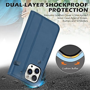 SHIELDON Wallet Case for iPhone 15 Pro Max 6.7", Genuine Leather Wallet Flip Magnetic RFID Blocking Credit Card Slot Kickstand Shockproof TPU Shell Case Compatible with iPhone 15 Pro Max - Royal Blue