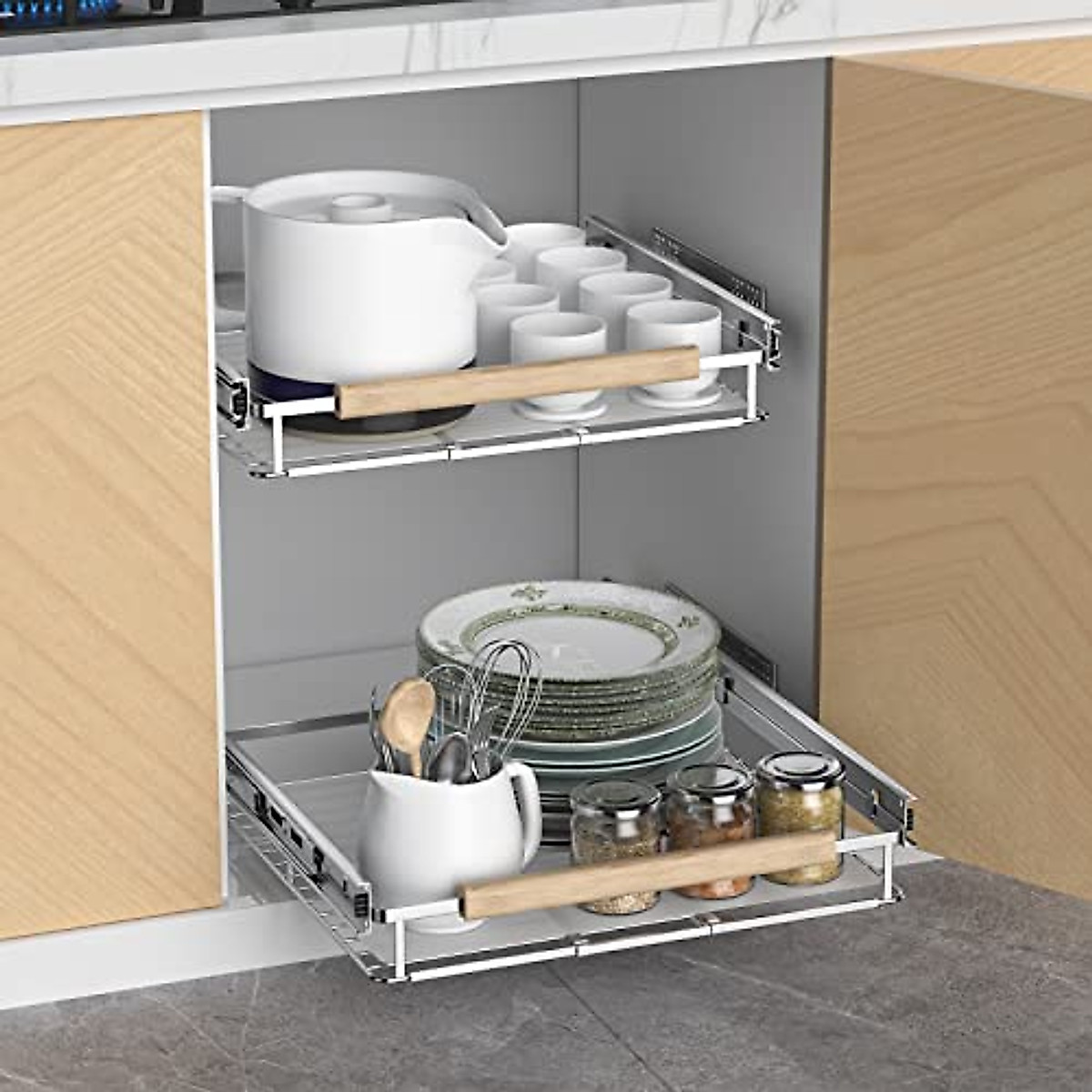 GNEOUS Greal Expandable Cabinet Pull Out Basket Heavy Duty Slide Out Pantry Shelves Under Sink Organizers and Storage for Kitchen, Bathroom, Wardrobe, Cupboard, Adjusted Width 16.1"-26.3", 1 Pack