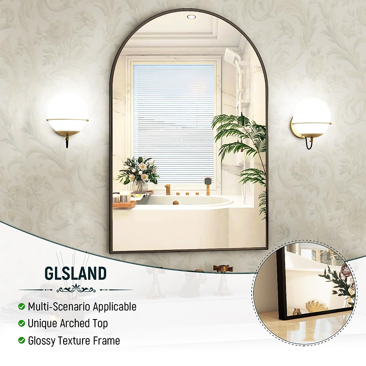 GLSLAND 26x38 inch Arch Bathroom Mirror - Arched Bathroom Mirror/Wall Mounted Vanity Mirror - Arch Metal Frame Wall Mirror for Bathroom Bedroom Living Room, Black