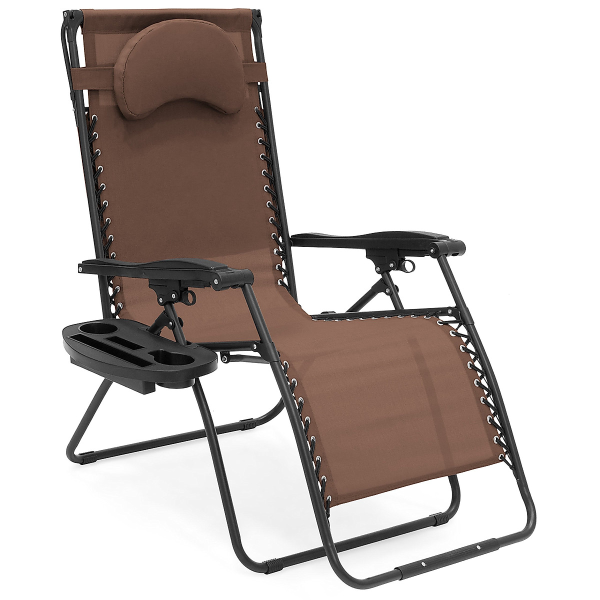 Best Choice Products Oversized Steel Mesh Zero Gravity Reclining Lounge Patio Chair w/Folding Canopy Shade and Cup Holder, Brown